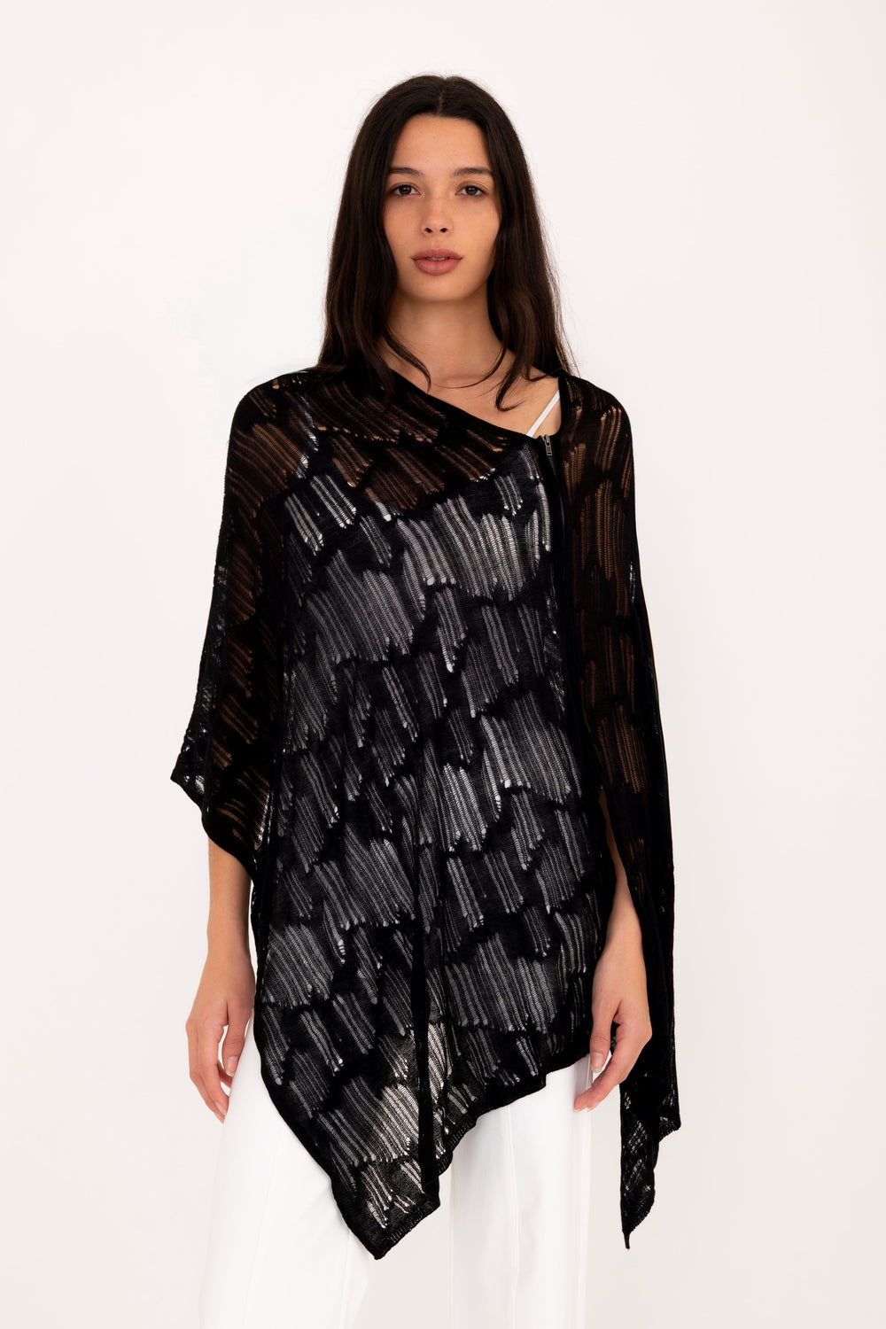Cotton Distressed Zip Poncho - BOMBAY