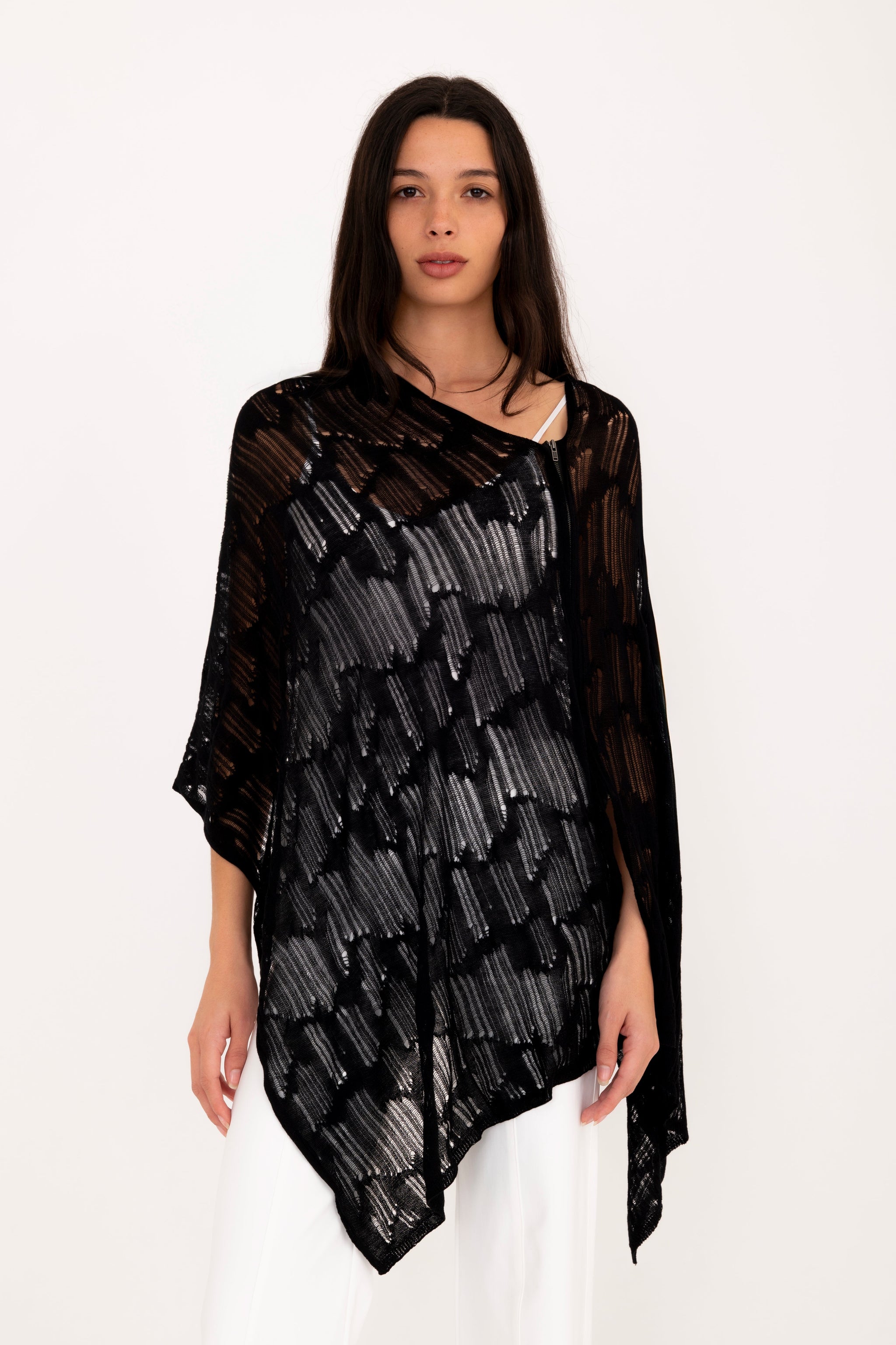 Cotton Distressed Zip Poncho - BOMBAY